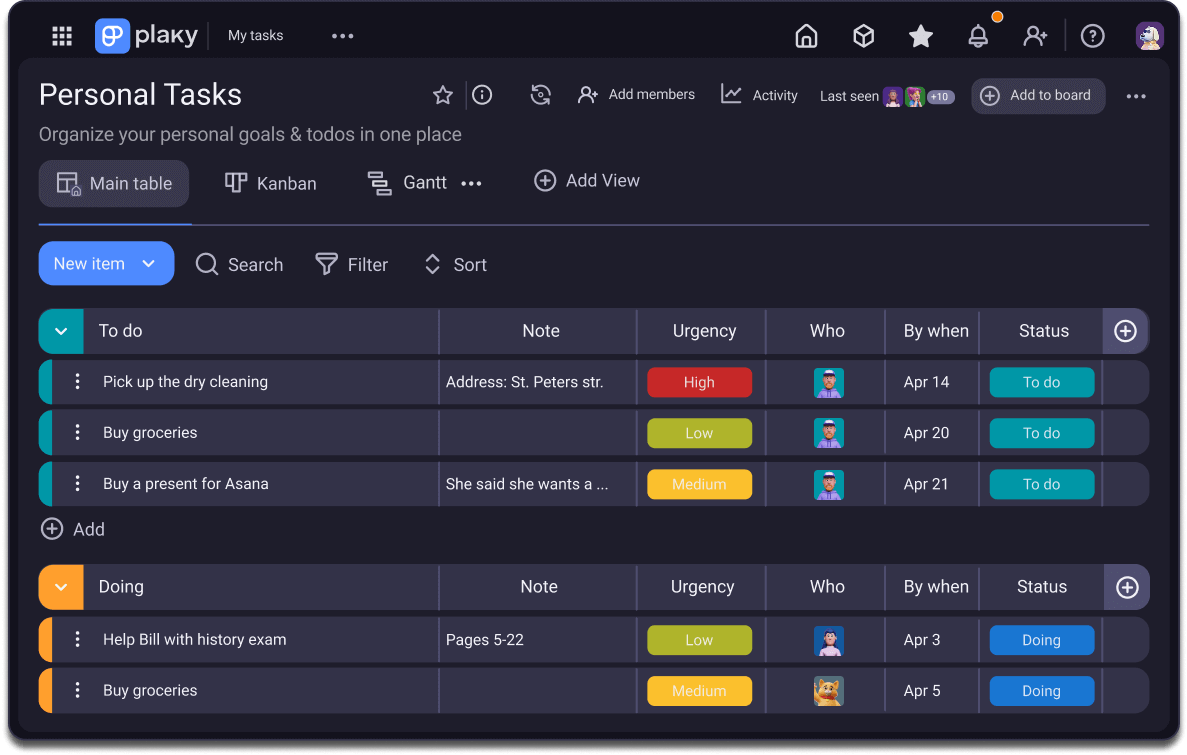 Personal Tasks Tracker Template - Plaky™